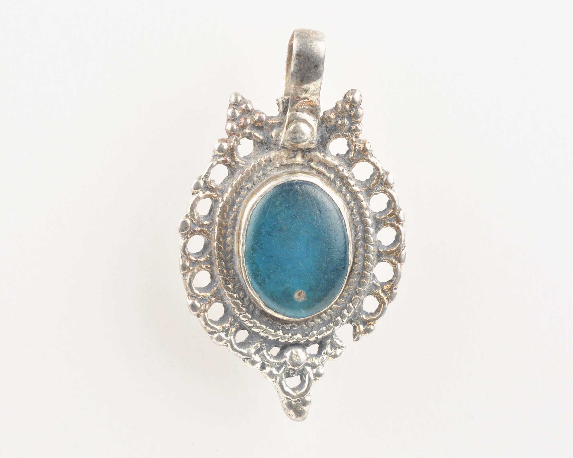 Vintage Pendants-Tribal Gypsy Glass Pendant-Antique Silver-Teal Green ...